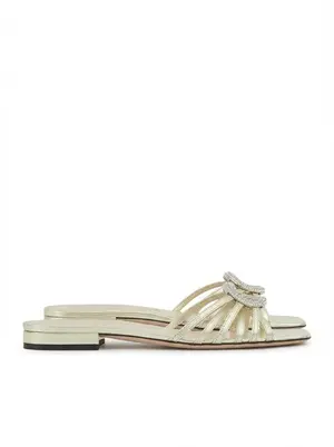 Gucci Metallic Leather Slide Sandals With Crystal Interlocking G - Nude