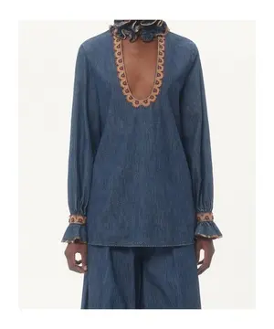Valentino Garavani Ruffled Long-sleeve Denim Top