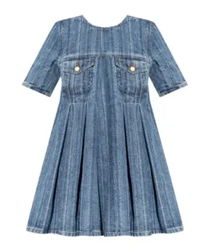 GANNI Striped Denim Pleated Dress - Blue