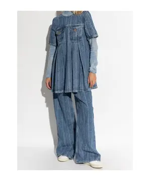 GANNI Striped Denim Pleated Dress - Blue