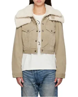R13 Long Sleeve Cropped Jacket With Shearling Collar