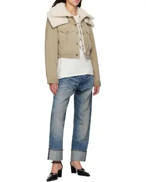 R13 Long Sleeve Cropped Jacket With Shearling Collar