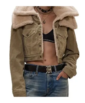 R13 Long Sleeve Cropped Jacket With Shearling Collar