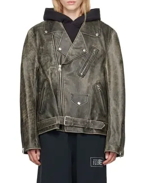MAISON MARGIELA Distressed Faux Leather Belted Jacket - Brown