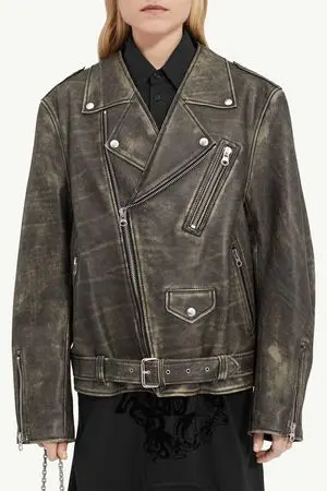 MAISON MARGIELA Distressed Faux Leather Belted Jacket - Brown