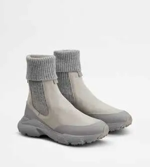 TOD'S Chelsea Boots In Calfskin Nubuck With Elastic Knit Inserts - Gray