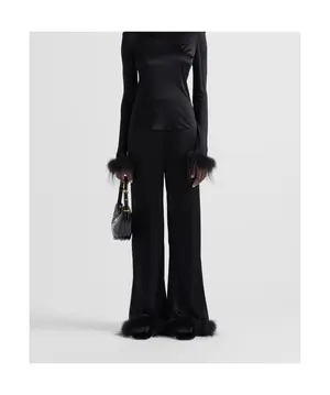 Prada Wide-leg Trousers With Sheepskin Trim - Black