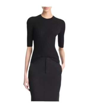 Vince Snap Elbow-sleeve Ribbed Knit Top - Black