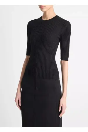 Vince Snap Elbow-sleeve Ribbed Knit Top