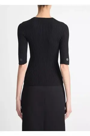 Vince Snap Elbow-sleeve Ribbed Knit Top