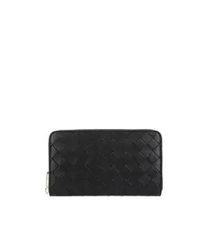 Bottega Veneta Intrecciato Weave Zip Around Wallet - Black