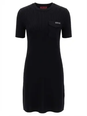 Gucci Ribbed Crewneck Short Sleeve Dress With Pocket Detail