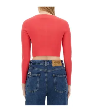 Moschino Cropped Ribbed Cardigan With Logo Detail