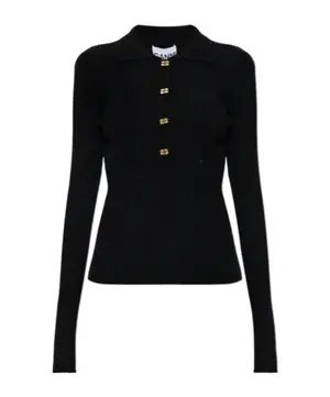 GANNI Long-sleeved Ribbed Knit Polo Top With Button Detailing - Black