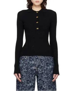 GANNI Long-sleeved Ribbed Knit Polo Top With Button Detailing - Black