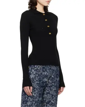 GANNI Long-sleeved Ribbed Knit Polo Top With Button Detailing - Black