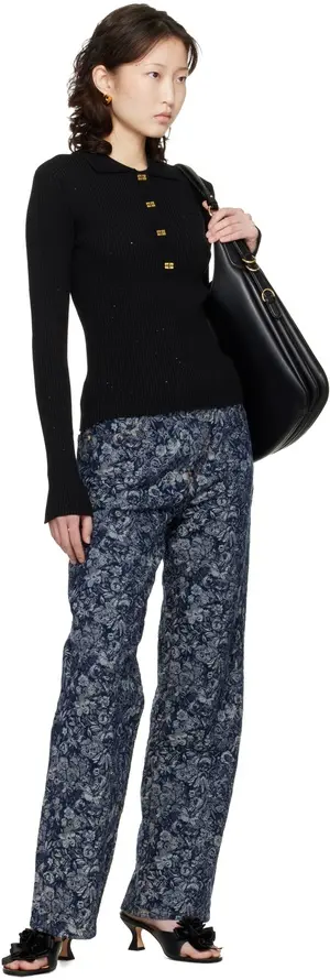 GANNI Long-sleeved Ribbed Knit Polo Top With Button Detailing - Black