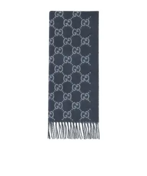 Gucci Monogrammed Fringed Scarf - Blue