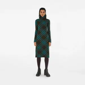Burberry Checked Mock Neck Long Sleeve Dress - Black