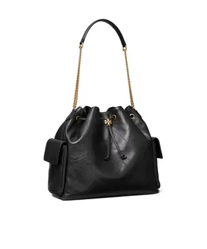 Tory Burch Charlie Quilted Drawstring Shoulder Bag - Black