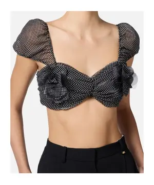 Elisabetta Franchi Polka Dot Print Tulle Top With 3d Flowers