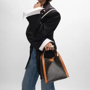 Celine Small Cube Bag In Triomphe Canvas And Natural Calfskin