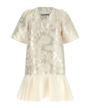 GANNI Satin Cloque Mini Dress - Egret