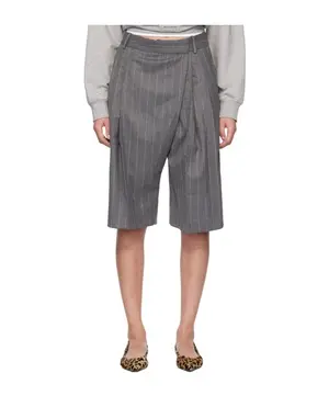GANNI Wool Blend Striped Pleated Shorts - Gray