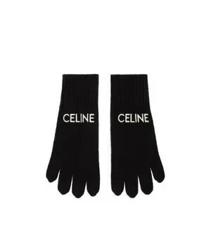 Celine Ribbed Wool Gloves With Embroidery - Black