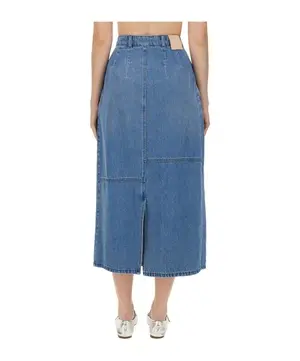 ALYSI Pleated Denim Midi Skirt With Slit Detail - Blue