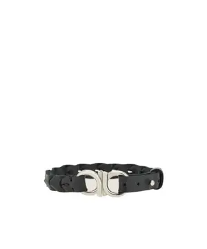 FERRAGAMO Braided Leather Gancini Bracelet - Black