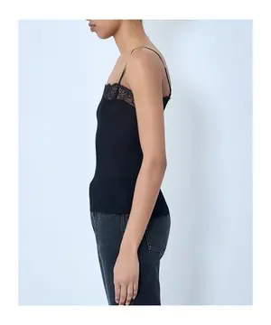 Saint Laurent Ribbed Lace Trim Tank Top - Black