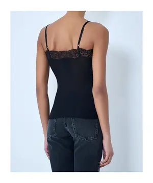 Saint Laurent Ribbed Lace Trim Tank Top - Black