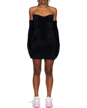 Off-White Fuzzy Knitted Mini Dress With Detachable Gloves