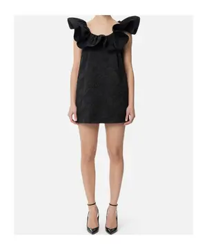 Elisabetta Franchi Ruffled Floral Jacquard Mini Dress - Black