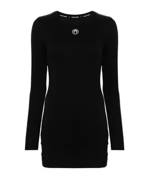 MARINE SERRE Logo Detailed Long Sleeve Mini Dress - Black