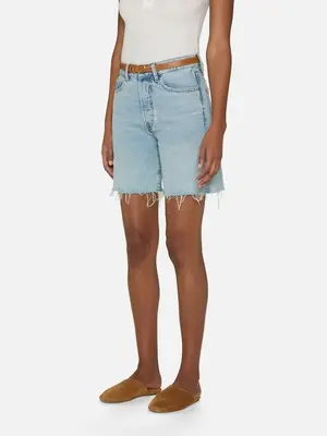FRAME High Waist Denim Shorts With Raw Edge Hem - Gray