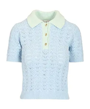 FORTE_FORTE Open Knit Polo Sweater With Button Closure