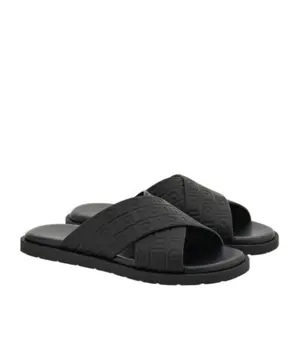 FERRAGAMO Round Toe Slip-on Sandals With Embossed Logo Detail - Black