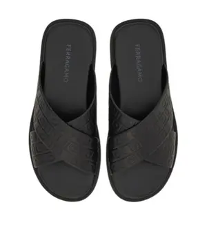 FERRAGAMO Round Toe Slip-on Sandals With Embossed Logo Detail - Black