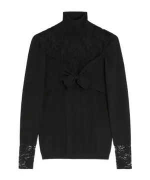 Valentino Garavani High Neck Lace Paneled Top With Bow Detail