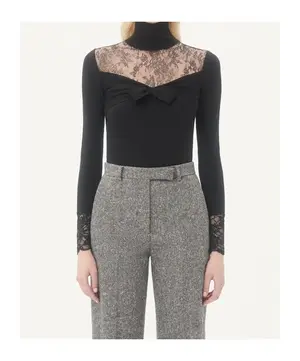 Valentino Garavani High Neck Lace Paneled Top With Bow Detail