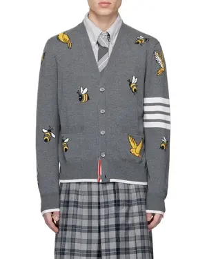 Thom Browne 4-bar Striped Buttoned Cardigan - Medium Gray