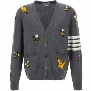 Thom Browne 4-bar Striped Buttoned Cardigan - Medium Gray
