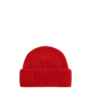Moncler Ribbed Logo Plaque Beanie - Red