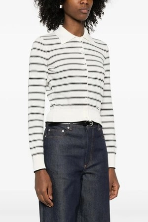 A.p.c. Striped Buttoned Cardigan With Turn-down Collar - Ecru/black