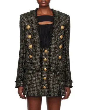 Balmain Lurex Tweed Jacket With Gold Lion Head Buttons - Black