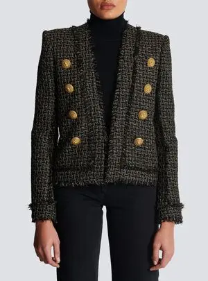 Balmain Lurex Tweed Jacket With Gold Lion Head Buttons - Black