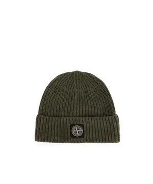 Stone Island Ribbed Knit Beanie With Compass Logo Patch - Black