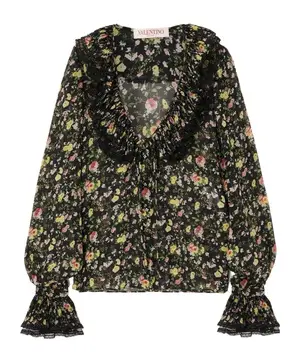 Valentino Garavani Ruffled Floral Print Silk Shirt